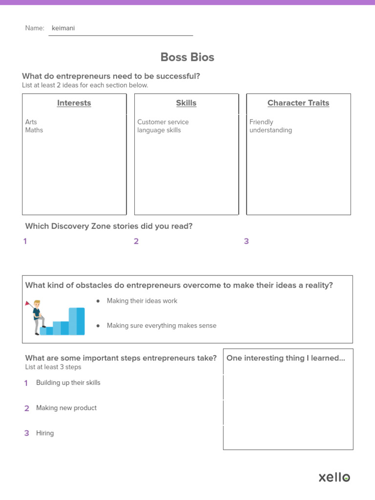 Xello Boss Bios Worksheet | PDF