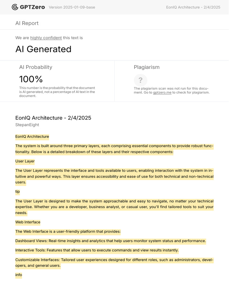 GPTZero AI Scan - EonIQ Architecture | PDF | Artificial Intelligence | Intelligence (AI) & Semantics