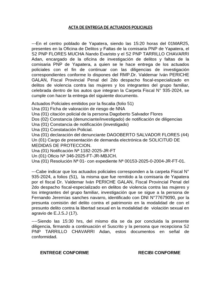 Acta de Entrega de Actuados Policiales | PDF