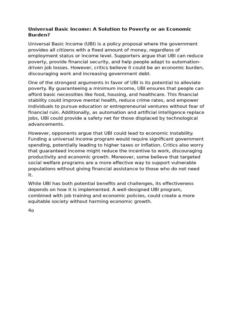 Universal Basic Income: Pros and Cons | PDF