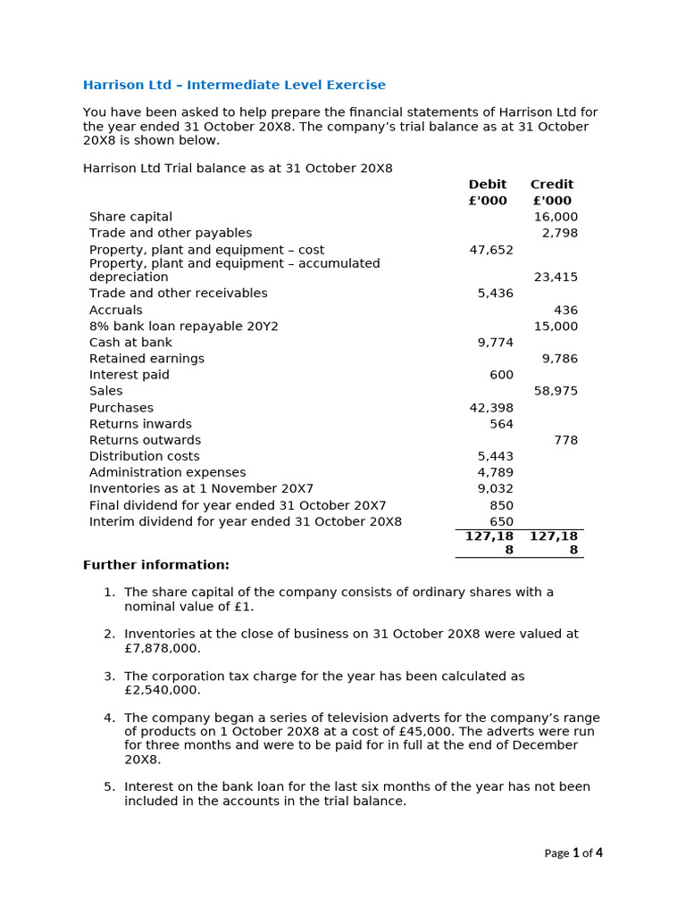Harrison Ltd Financial Statements 20X8 | PDF | Debits And Credits ...