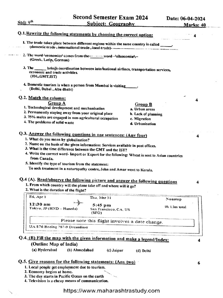 Mh Board Class 9 2 Sem Geography 270924 Apr 2024 | PDF
