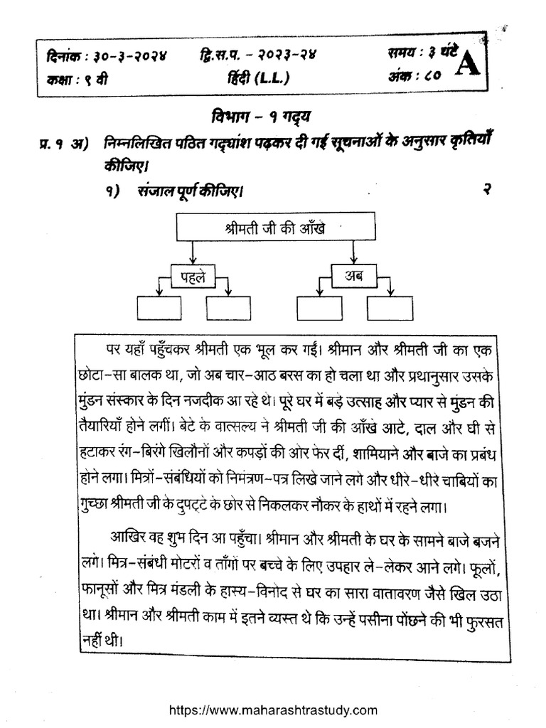 MH Board Class 9 2 Sem Hindi LL Set A 270924 Mar 2024 | PDF