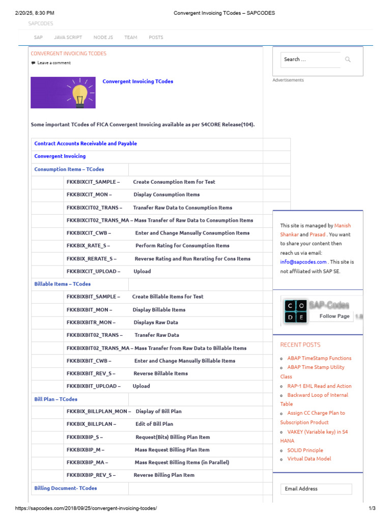 Convergent Invoicing TCodes - SAPCODES | PDF | Computer Science | Software