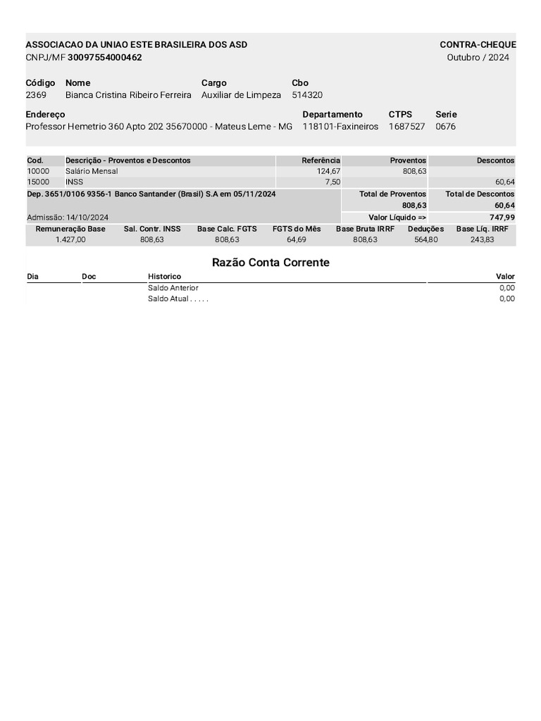 Contra-Cheque de Bianca Ferreira - Outubro 2024 | PDF