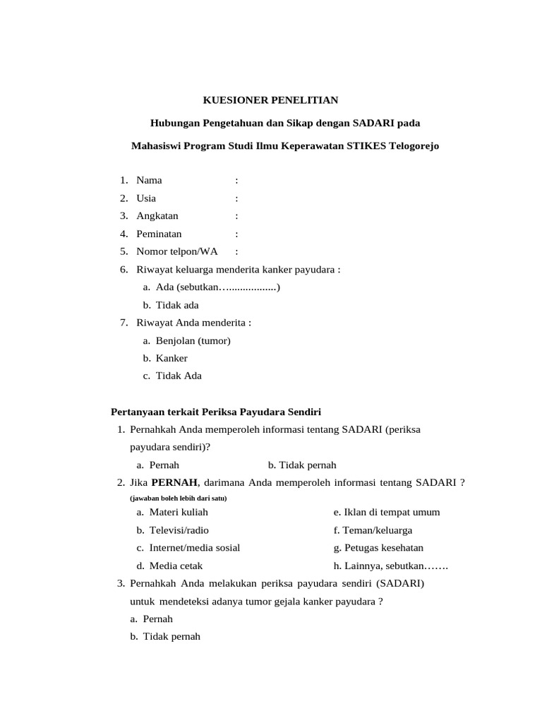 Kuesioner Pengetahuan dan Sikap SADARI | PDF
