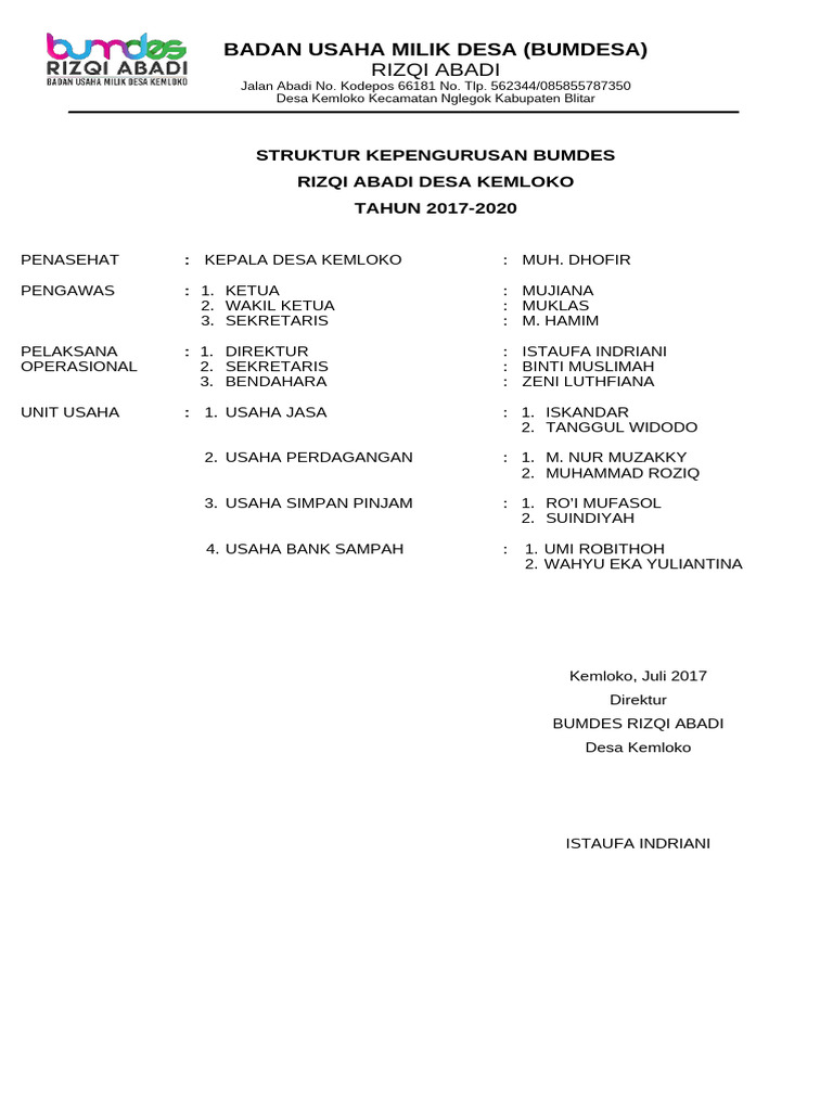 Struktur Kepengurusan Bumdes SK | PDF