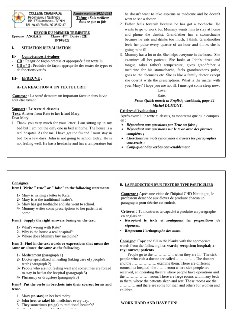 Devoir anglais 4e health letter-1 | PDF | Hospital | Patient