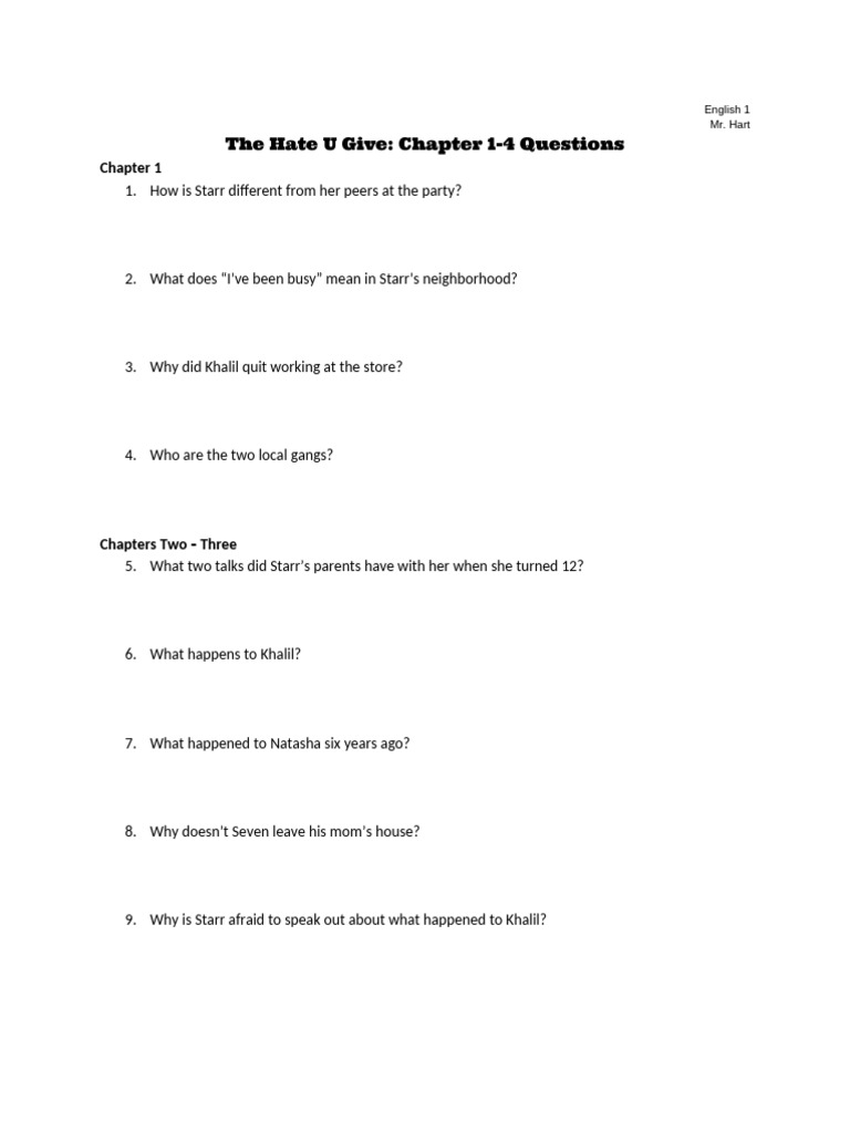 Hate U Give - Chapters 1-4 Questions | PDF