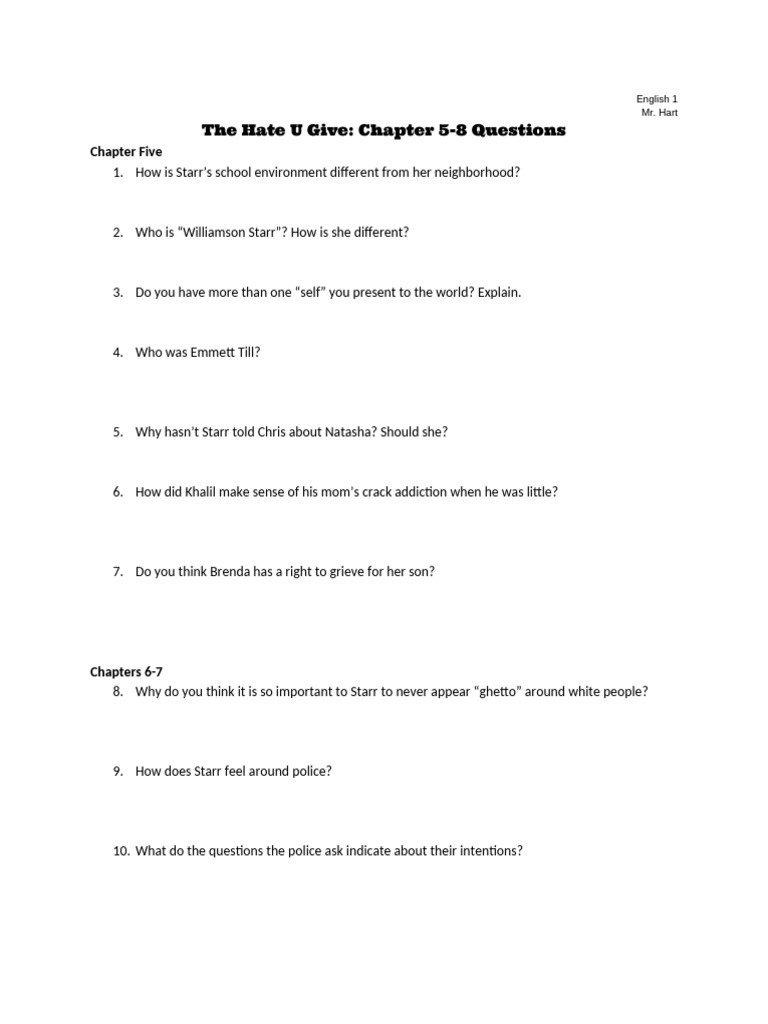 Hate U Give - Chapters 5-8 Questions | PDF