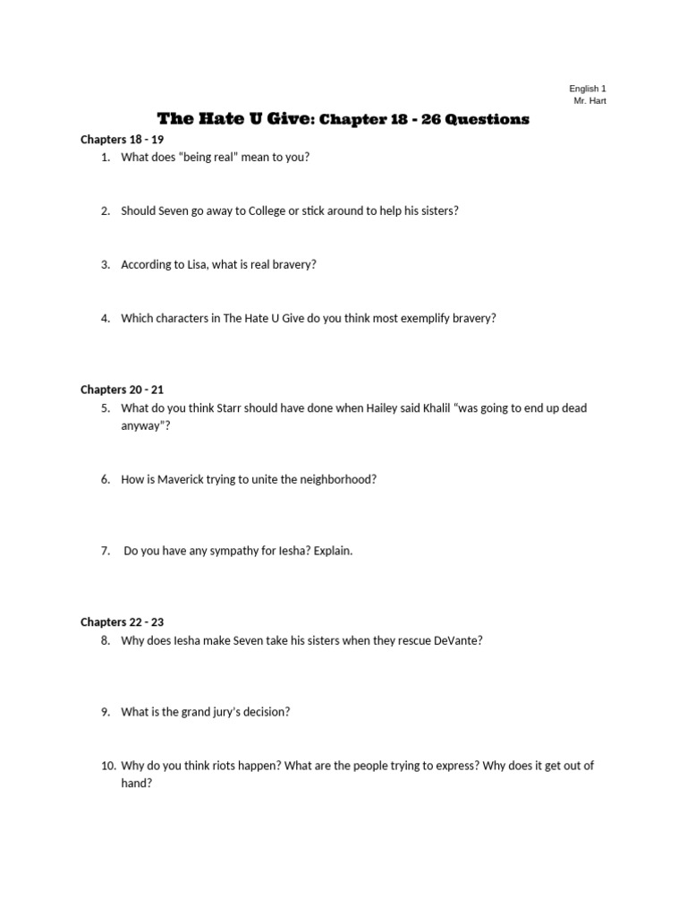 Hate U Give - Chapters 18-26 Questions | PDF