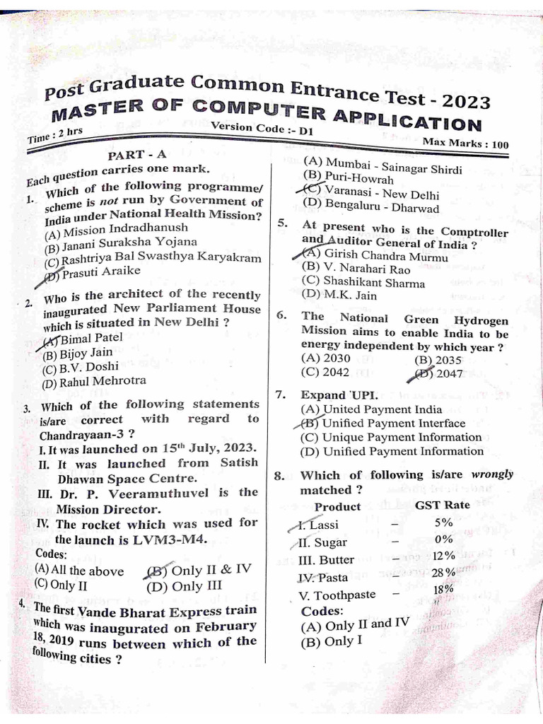 PGCET 2023 QP (With Answers) | PDF