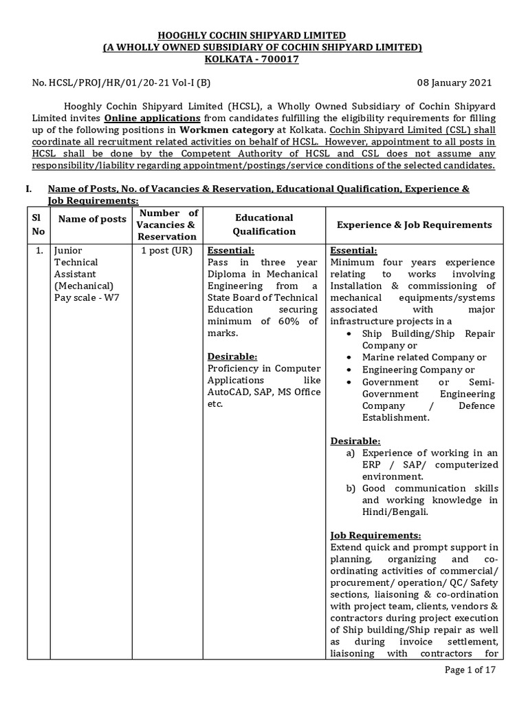 HCSL Recruitment: Technical & Operator Posts | PDF | Welding | Construction