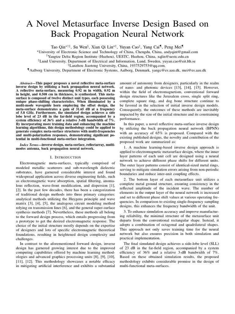A Novel Metasurface Inverse Design Based On Back Propagation Neural Network | PDF | Matrix ...