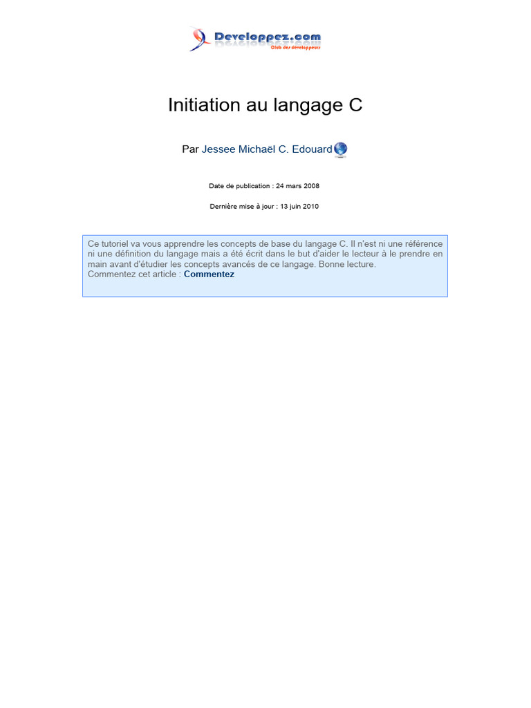 Introduction au langage C | PDF | Code source | C (Langage de ...