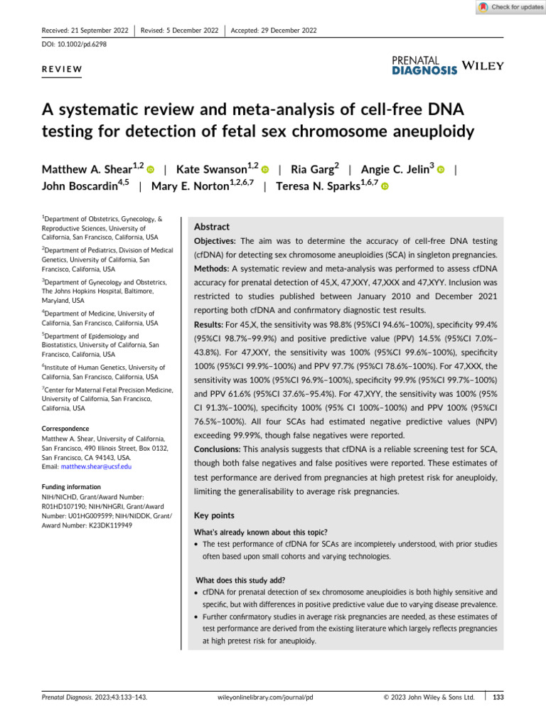 A Systematic Review and Meta Analysis of Cell Free DNA Testing For ...