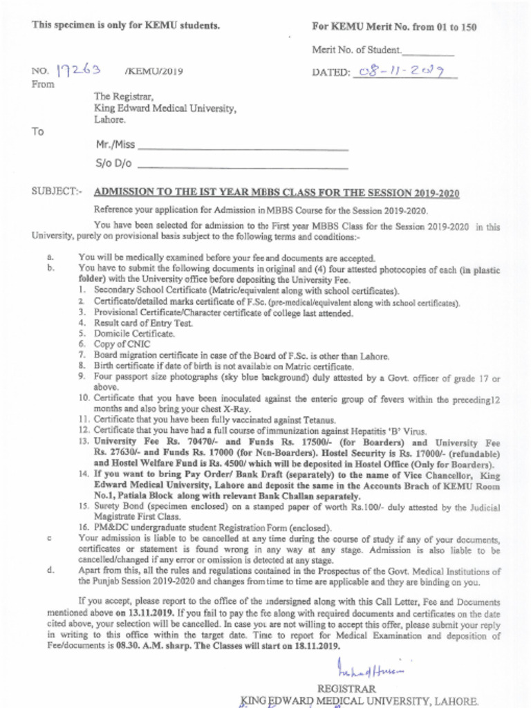 Admission Letter For KEMU MBBS Students Merit No 1 To 150 | PDF