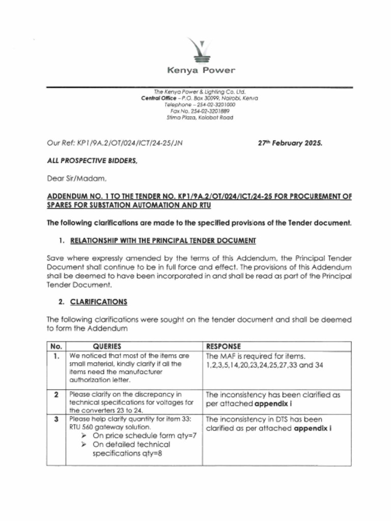 Addendum No.1 To The Tender No. Kp1.9a.2.Ot.024.Ict.24-25 For Procurement of Spares For ...