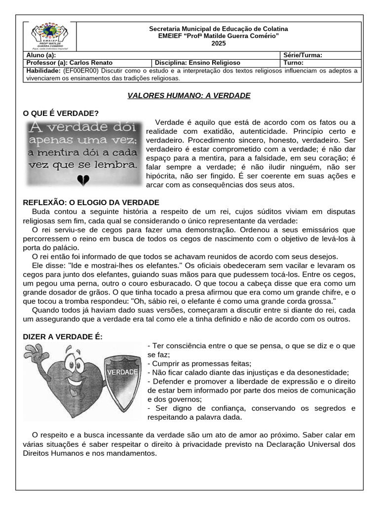 1º Plano - VERDADE - 2024 - Matilde | PDF | Verdade | Conhecimento