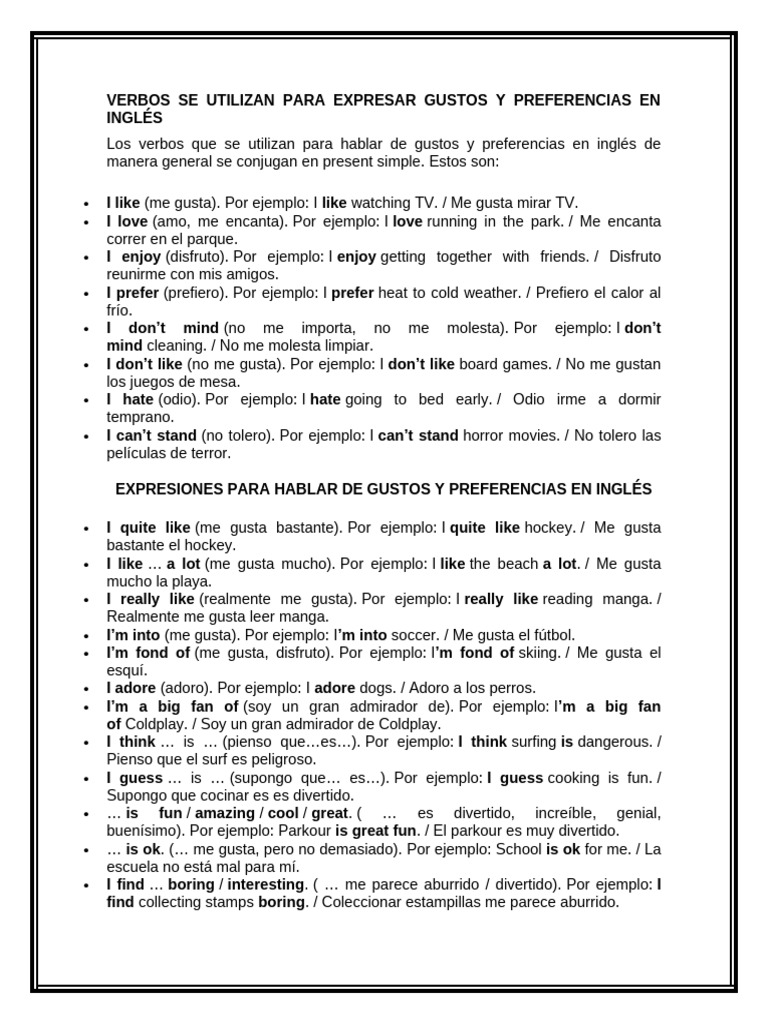 Verbos Se Utilizan para Expresar Gustos y Preferencias en Inglés | PDF