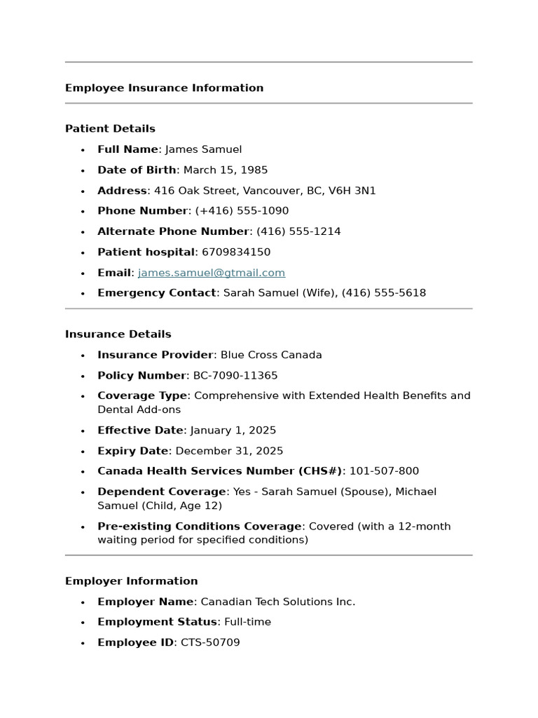 Employee Insurance Information James | PDF | Medical Specialties ...