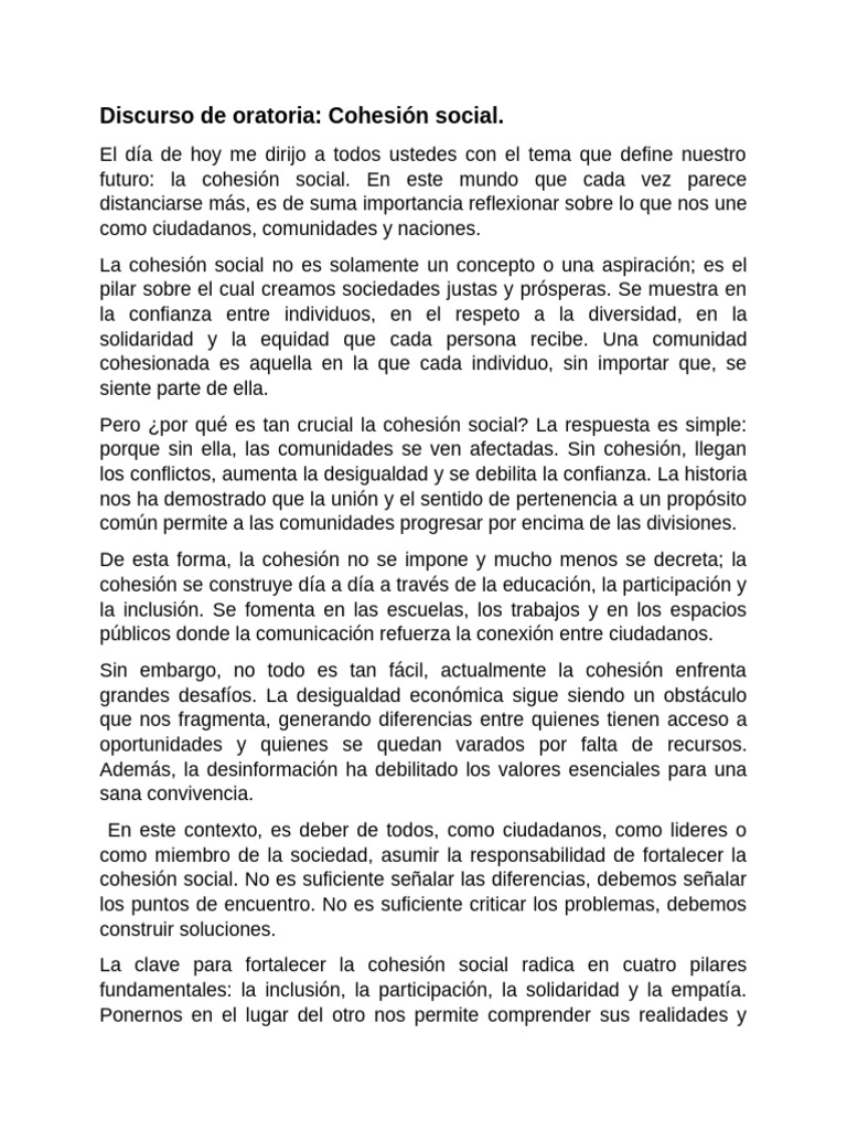 Discurso de Oratoria, Cohesion Social | PDF | Desigualdad social | Discriminación y relaciones ...