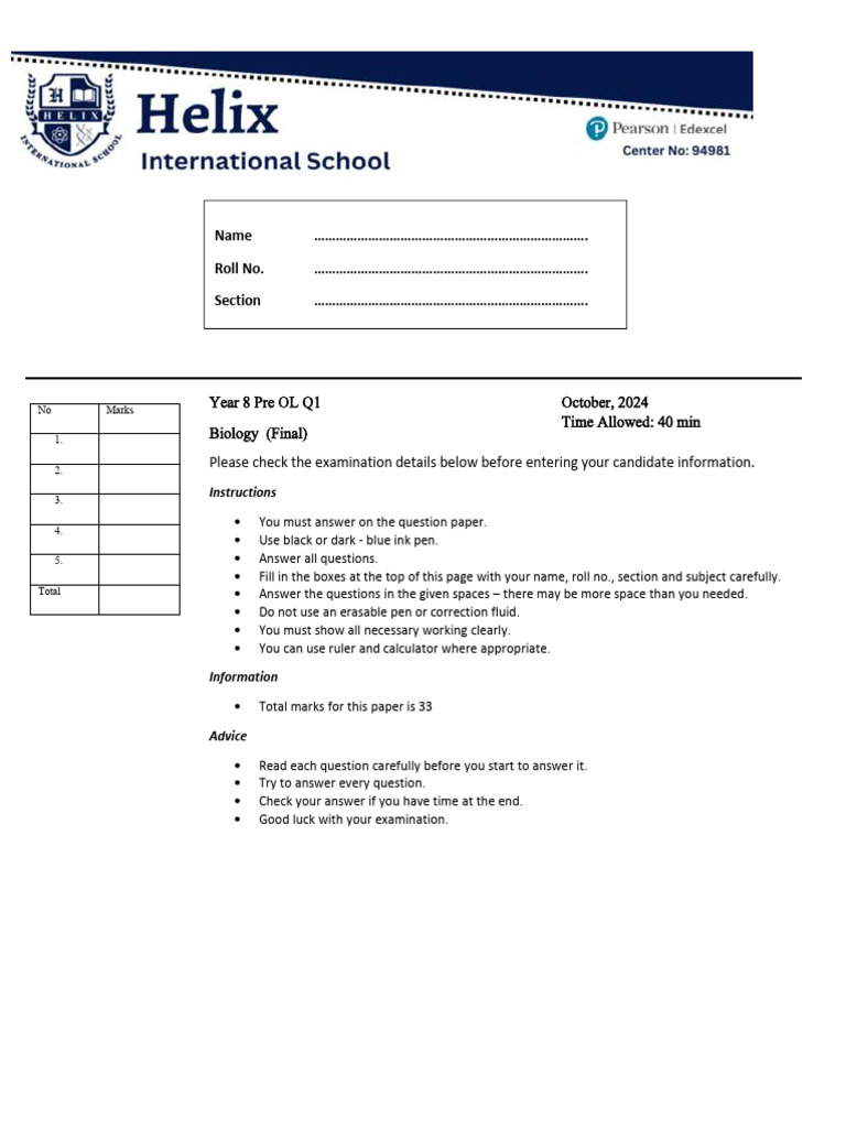 Year 8 Biology Exam Instructions and Questions | PDF