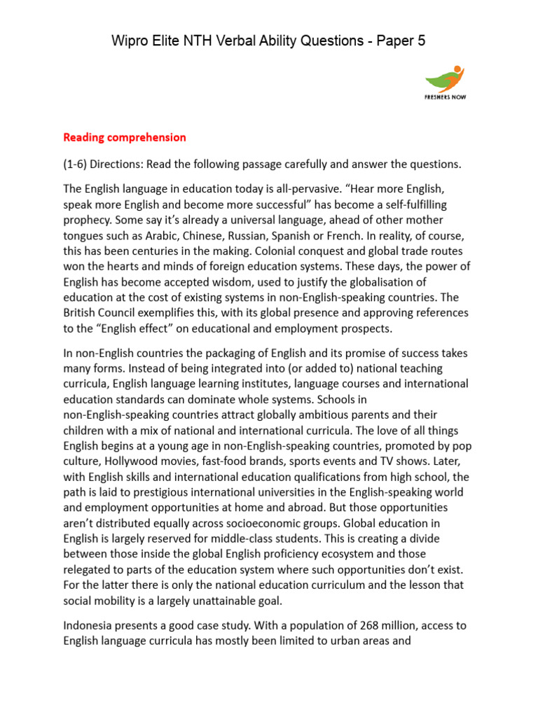 Wipro-Elite-NTH-Verbal-Ability-Questions-Paper-5 | PDF | Verb | Phrase