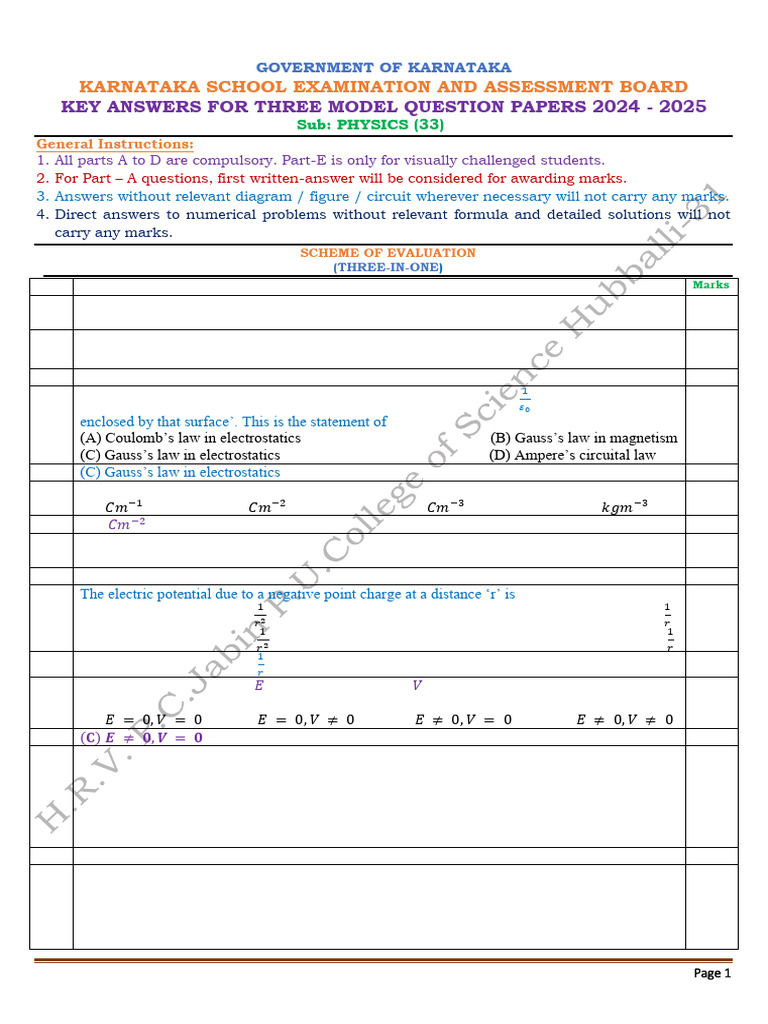 PUC Three Model Papers-2024-2025 KEY ANS | PDF | Inductance | Inductor