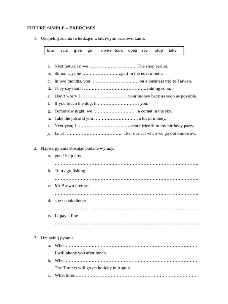 FUTURE SIMPLE - Exercises | PDF