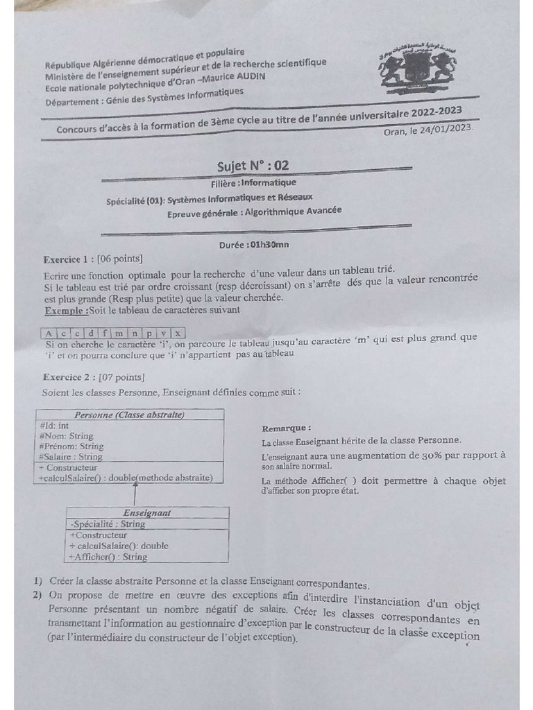 Epreuve AA (Algorithme Avancee) Concours de Doctorat ENPO 2022-2023 (Tchi drive) | PDF