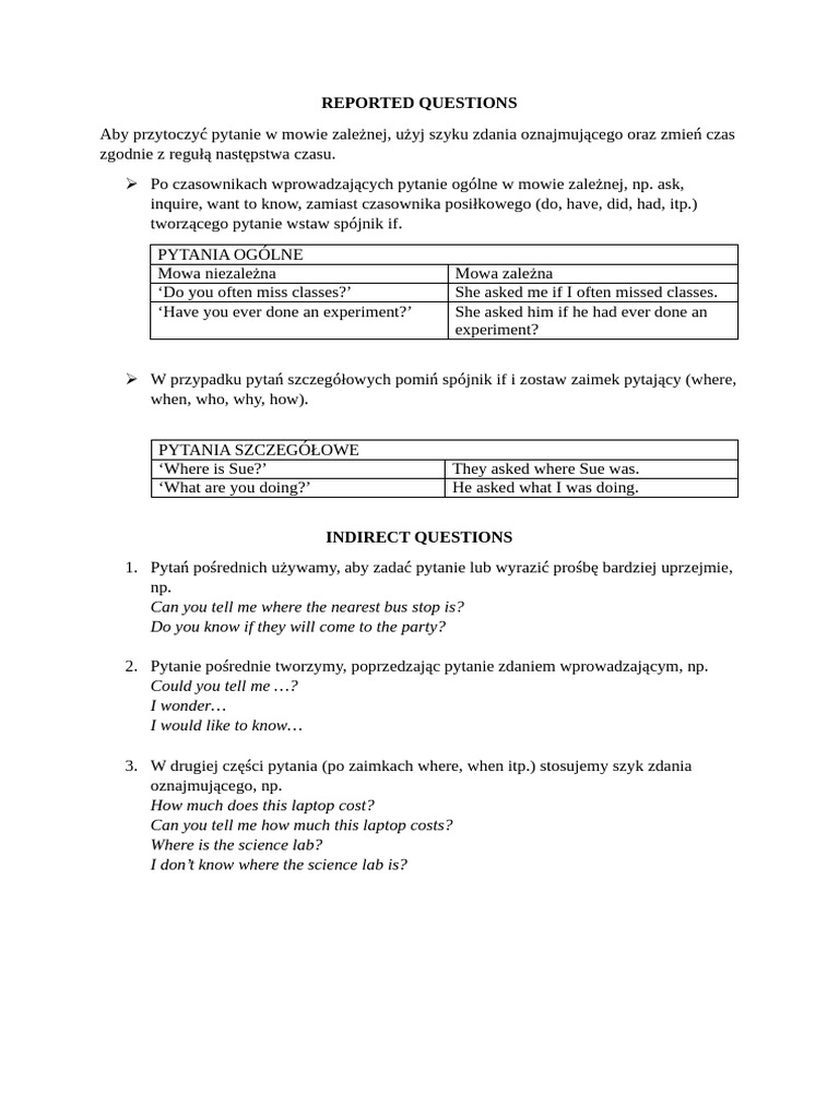 Reported and Indirect Questions | PDF