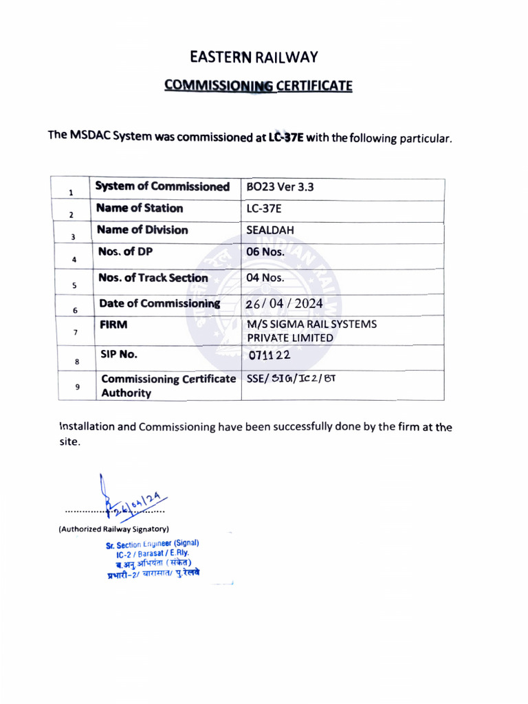 LC-37 COMMISSIONING CERTIFICATE | PDF