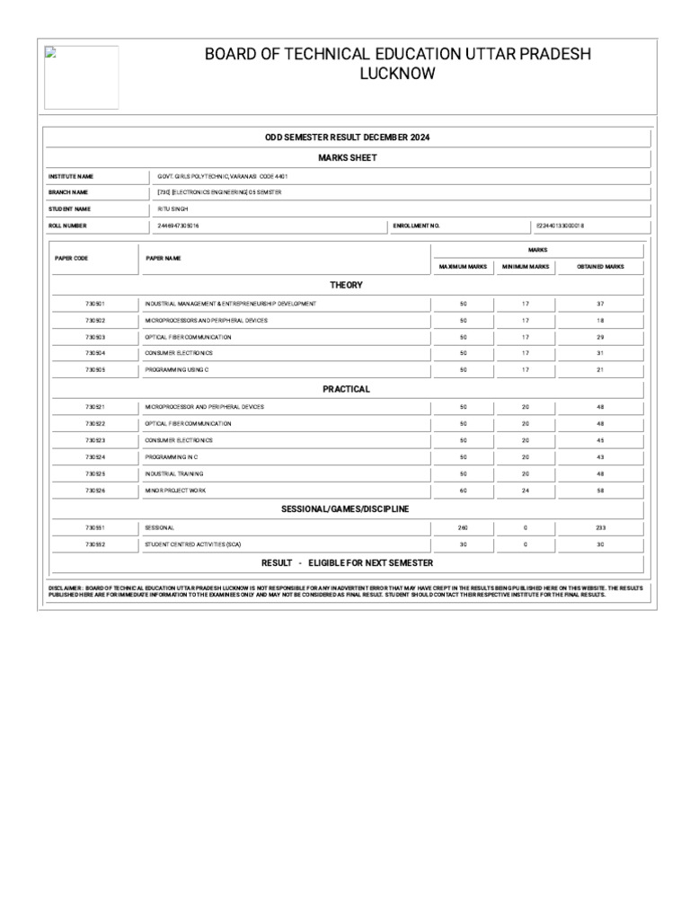 UP Technical Education Odd Semester Results | PDF | Electronics ...