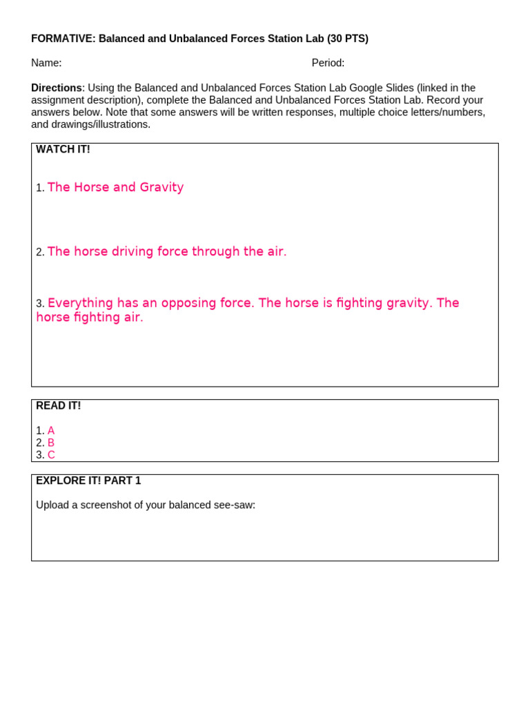 Balanced and Unbalanced Forces Lab | PDF | Force | Gravity