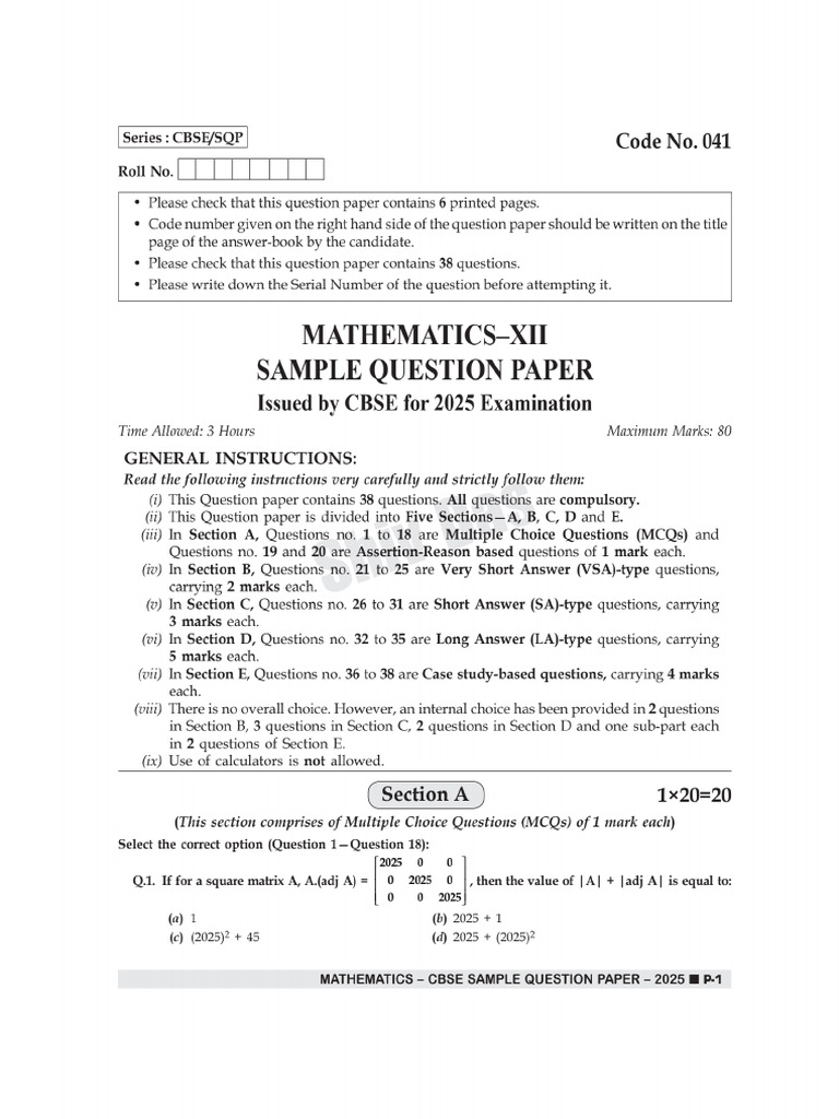 12 OFFICIAL Maths CBSE SQP WITH SOLUTION 2025 | PDF