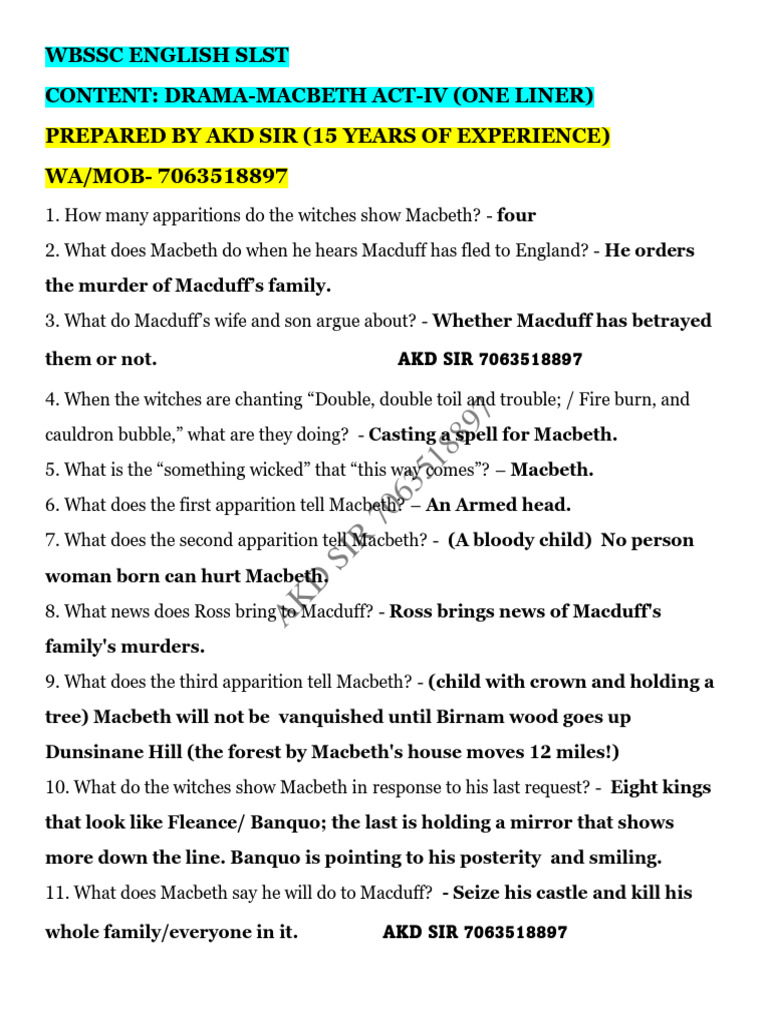 Macbeth Act IV One Liner | PDF | Macbeth | Shakespearean Tragedies
