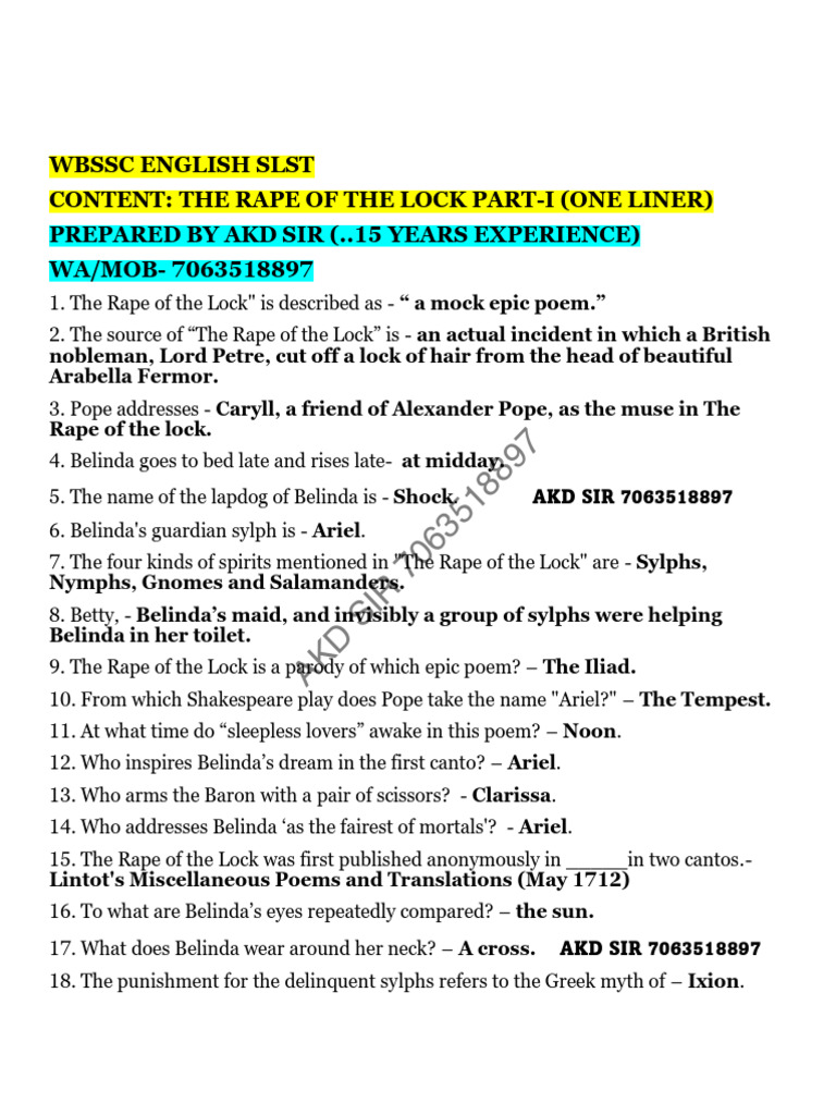 The Rape of The Lock AKD SIR | PDF | Poems | Genres Of Poetry