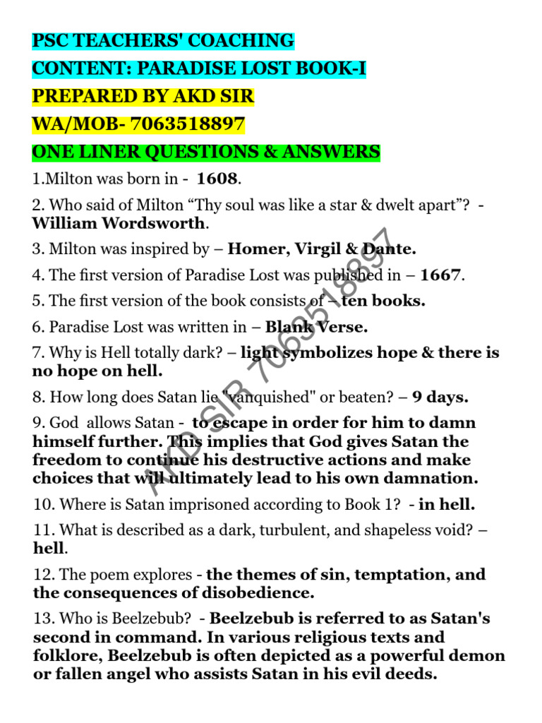 Paradise Lost Book 1 One Liners | PDF | Paradise Lost | Satan