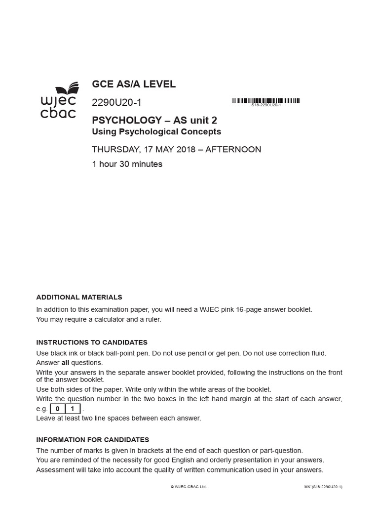 June 2018 QP - Unit 2 WJEC Psychology A-Level | PDF | Psychology | Behavioural Sciences