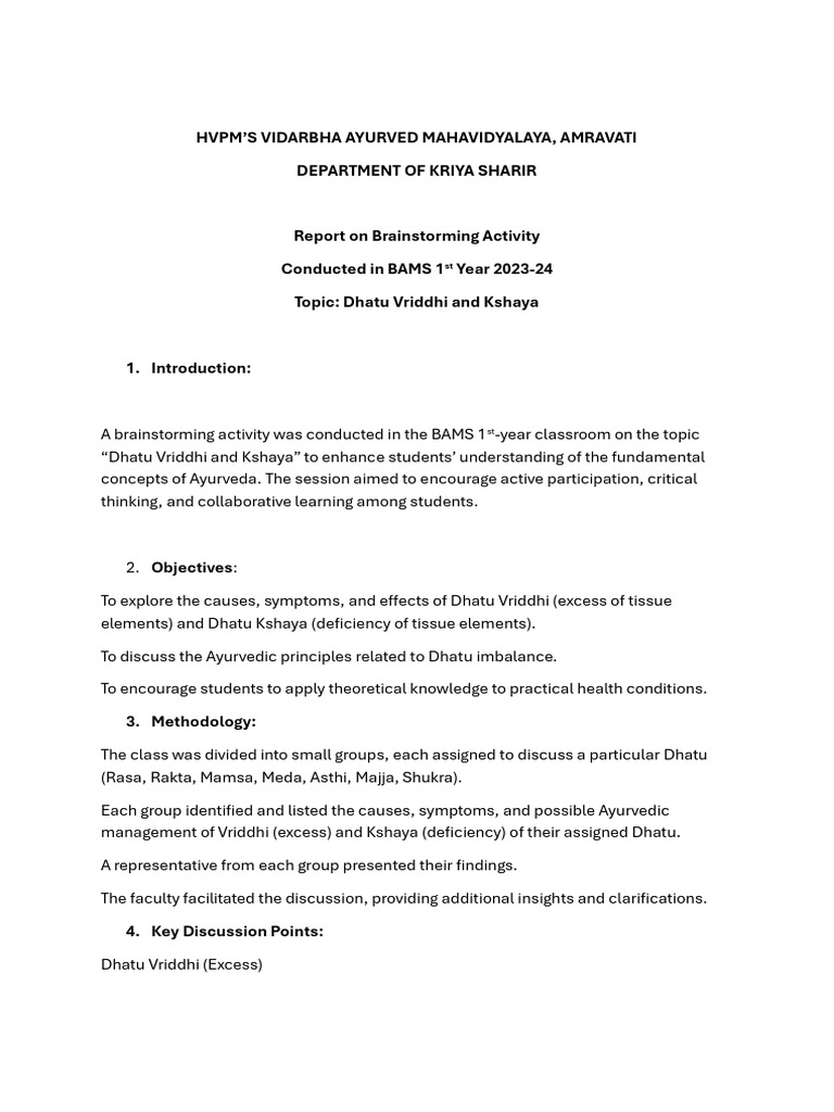 Brain storming activity report | PDF | Ayurveda | Medicine