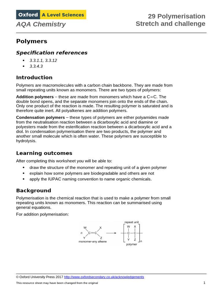 29 Polymers Challenge | PDF | Polymers | Polymerization