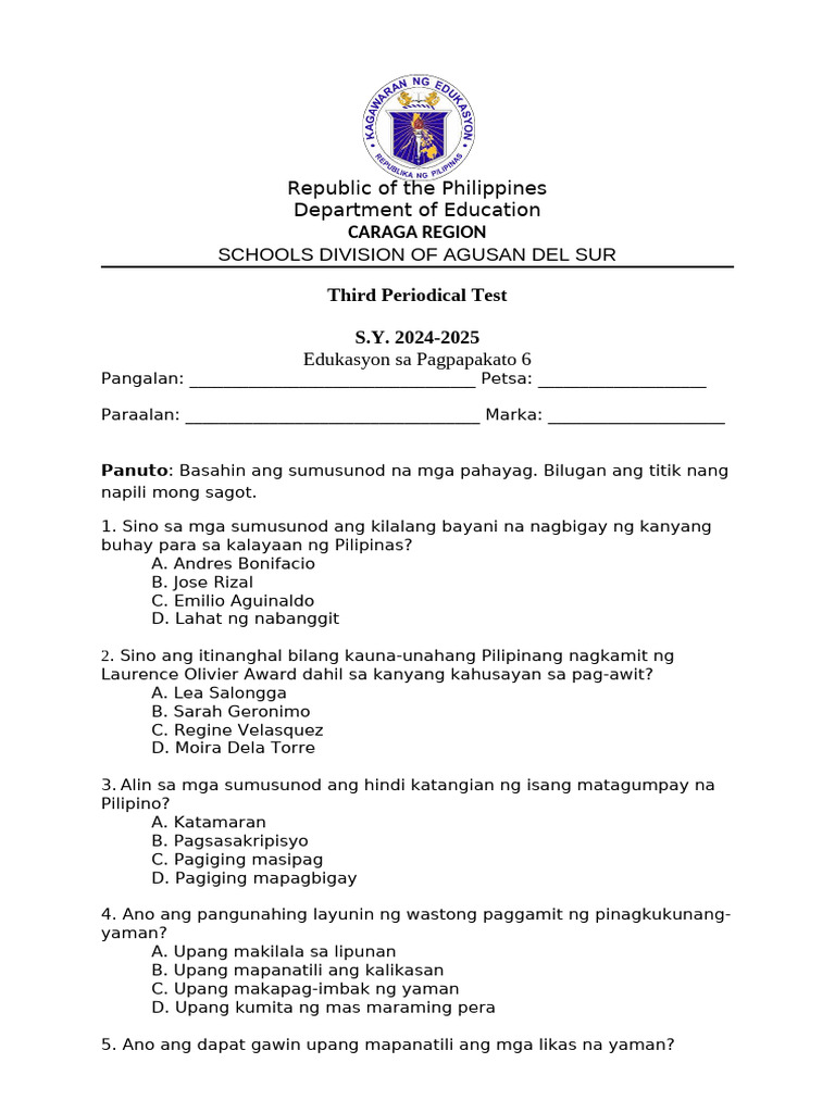 EsP6 - PT - Q3 - Template - TQ With Key Answer (1) 2 | PDF