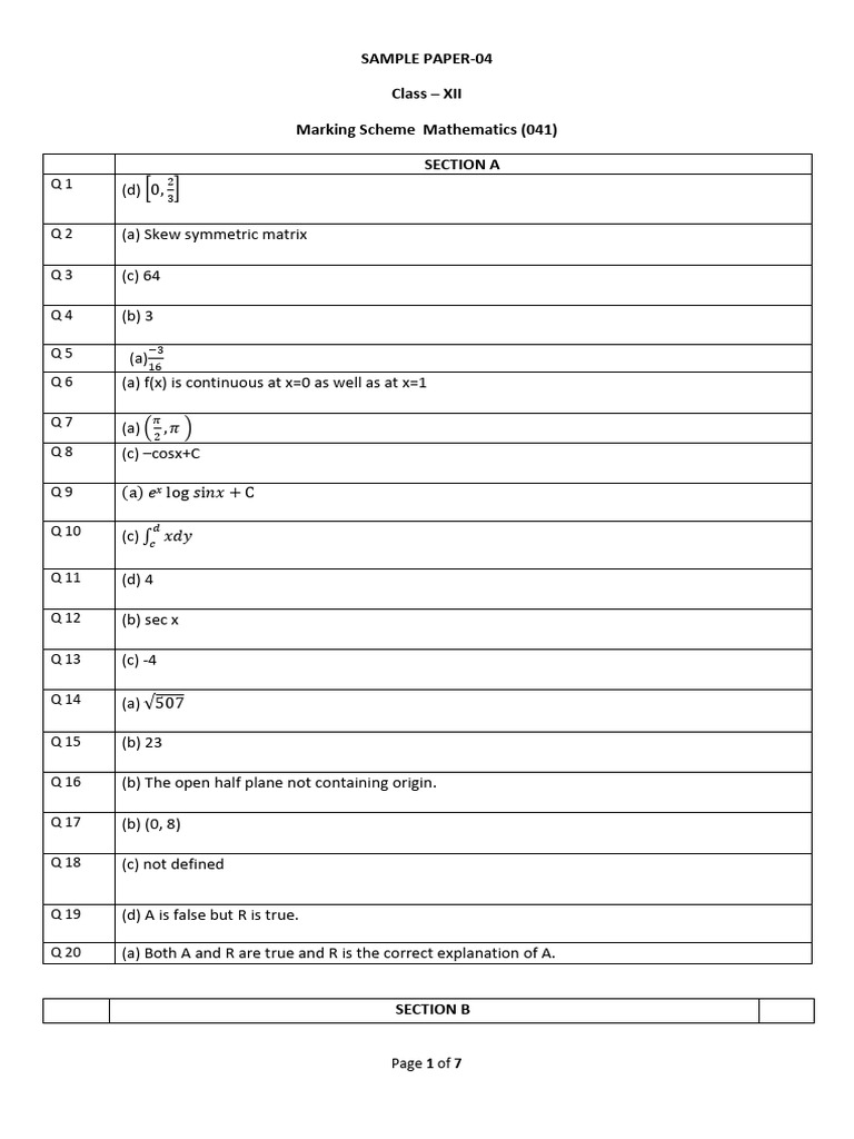 2024-25 - CLASS-XII - Mathematics-Sample Paper-04 - Key (05-03-2025) | PDF | Equations | Linear ...