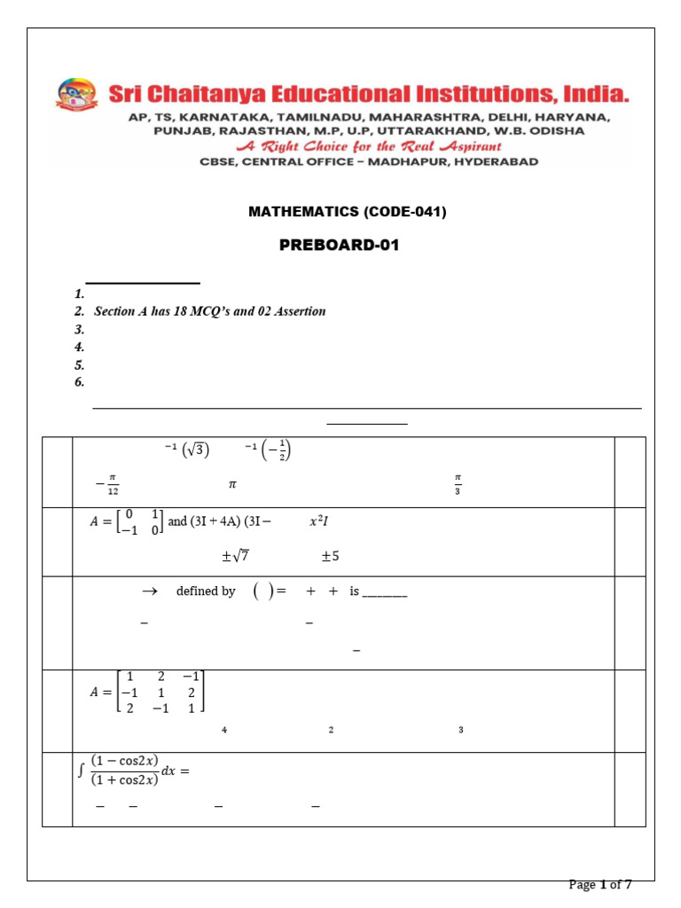 24.12.2024 Class-Xii Cbse Preboard-01 Mathematics Q.paper | PDF | Function (Mathematics ...