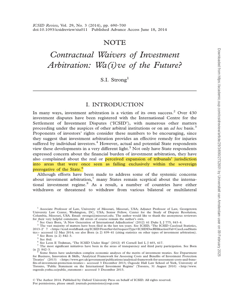 Strong, Contractual Waivers of Investment Arbitration | PDF ...