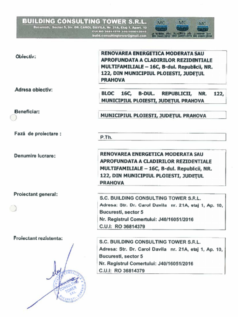 Memoriu Tehnic Rezistenta PTH - Bloc 16C | PDF