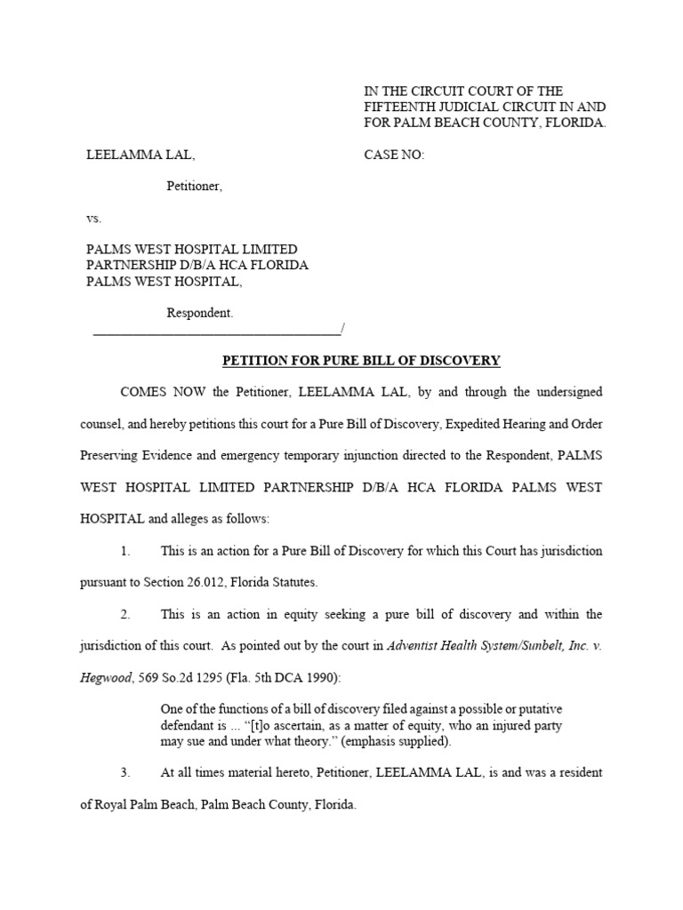 Petition for Pure Bill of Discovery - HCA Florida Palms West Hospital ...