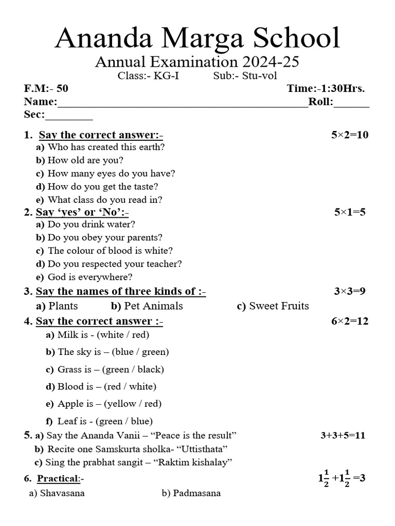 KG-I Exam Paper 2024-25 | PDF