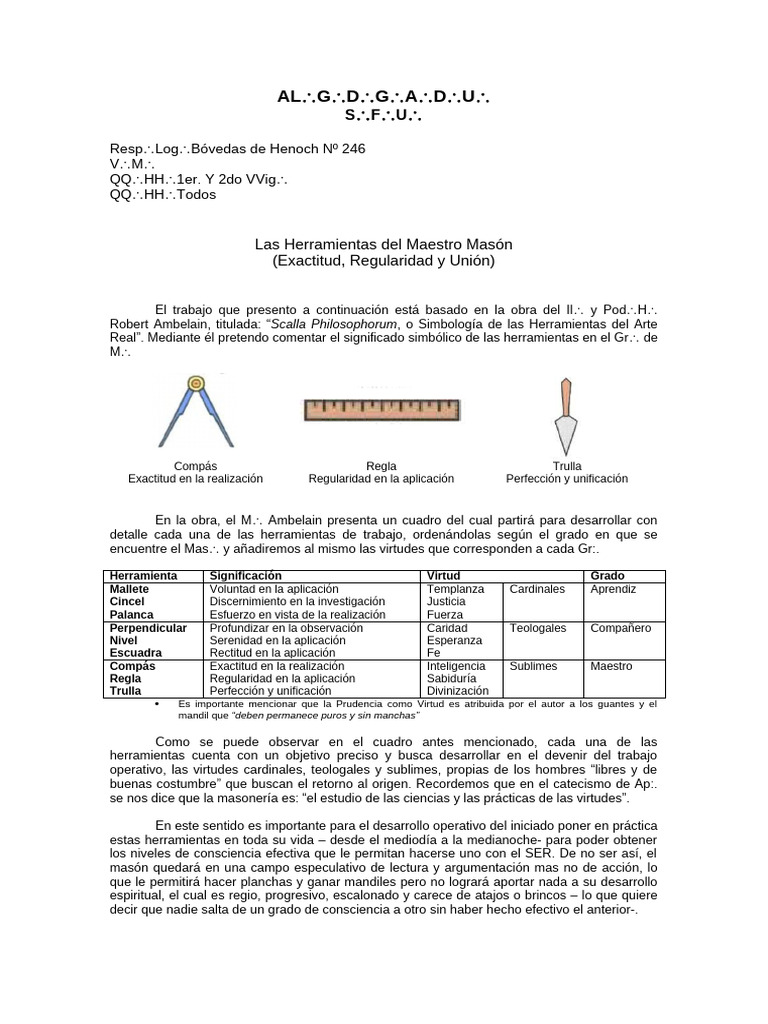 Herramientas Del Maestro Mason | PDF | Virtud | Masonería